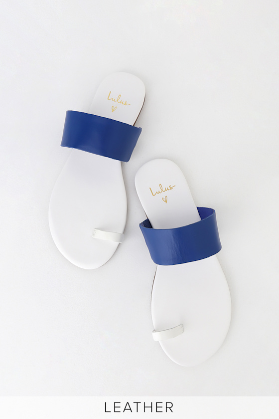 Cute Cobalt and White Sandals - Toe Loop Sandals - Flat Sandals - Lulus