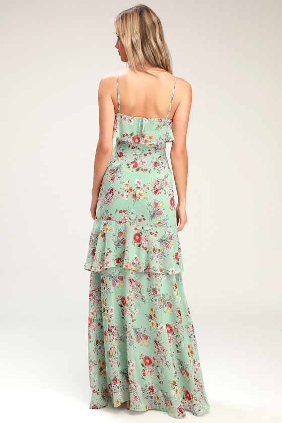 Lovely Green Floral Print Dress - High-Low Dress - Ruffled Maxi - Lulus