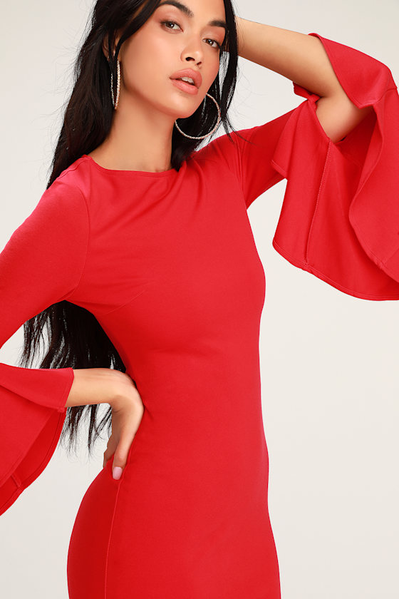 Chic Red Bodycon Dress - Flounce Sleeve Low Back Dress - Lulus