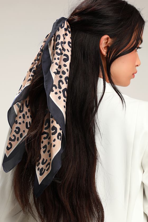 Cool Navy Blue Leopard Print Scarf - Satin Scarf - Square Scarf - Lulus
