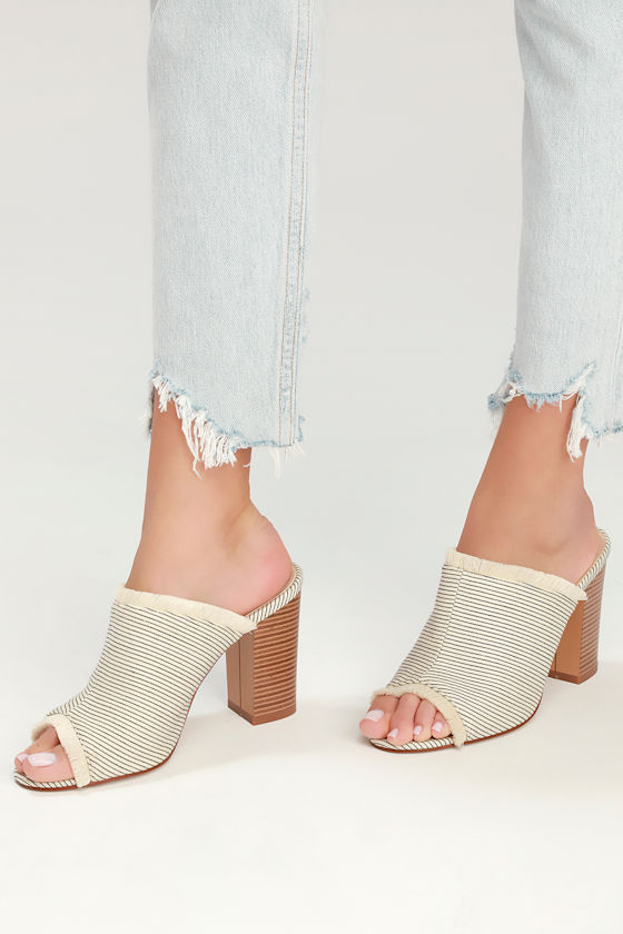 Cute Beige Striped Mules - Peep-Toe Mules - Block Heels - Lulus