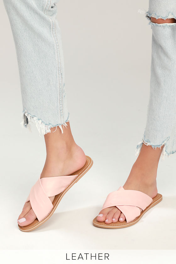 Rebels Jenny Pink Leather Sandals - Crisscrossing Slide Sandals - Lulus