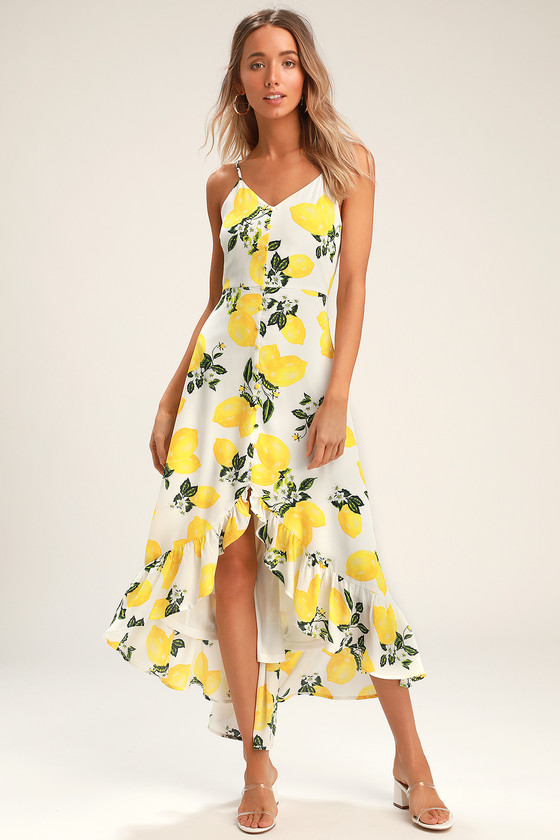 Lemon Print Dress High Low Midi Dress Ruffled Midi Dress Lulus
