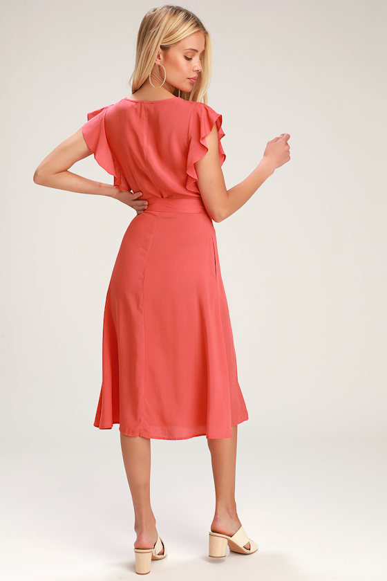 Chic Coral Dress - Coral Midi Dress - Button-Front Midi Dress - Lulus