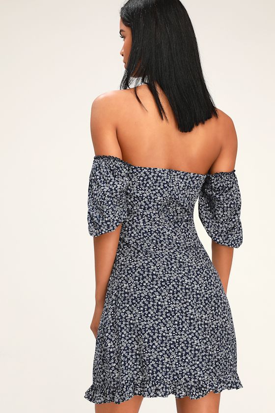 Chic Navy Blue Print Dress - Puff Sleeve Dress - Lace-Up Dress