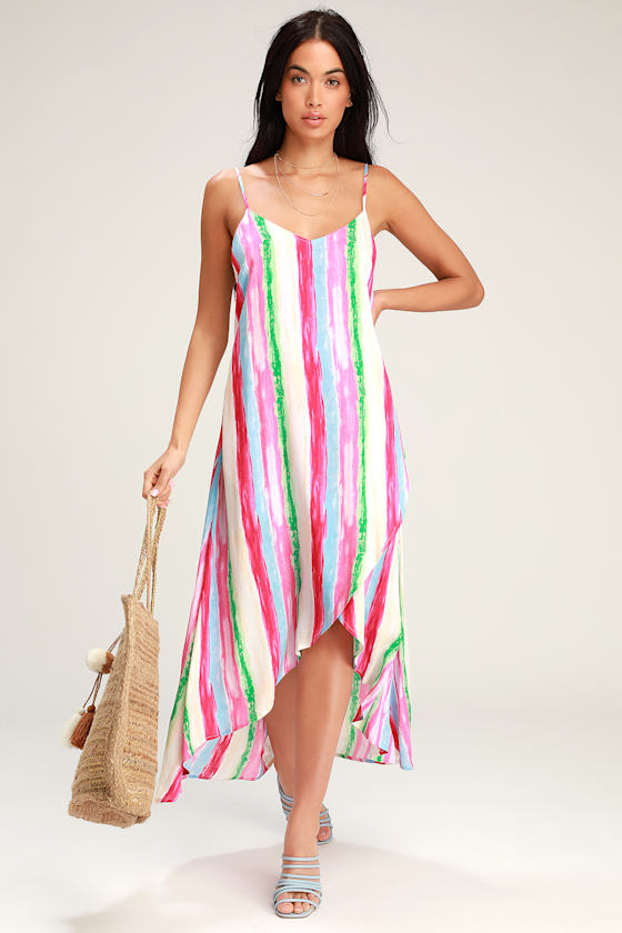 Magenta Multi Stripe Dress - Striped Dress - High-Low Dress - Lulus