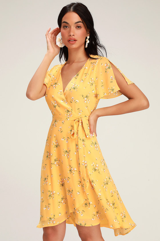 Lovely Yellow Floral Print Dress Midi Wrap Dress Midi Dress Lulus