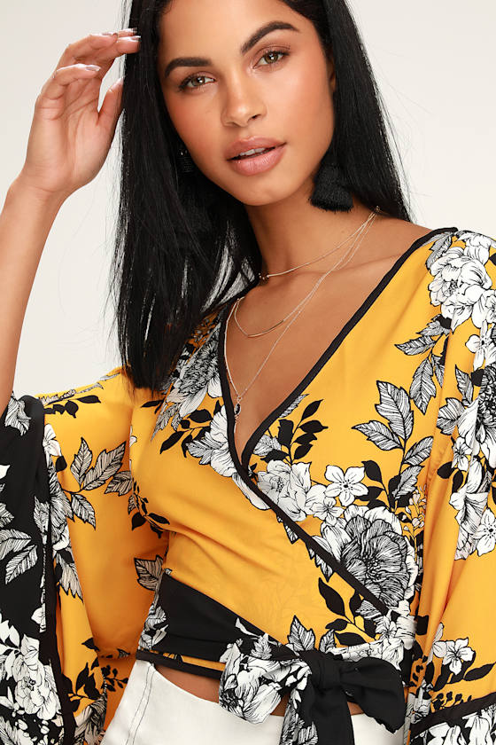 Sexy Mustard Yellow Top - Floral Print Top - Floral Wrap Top - Lulus