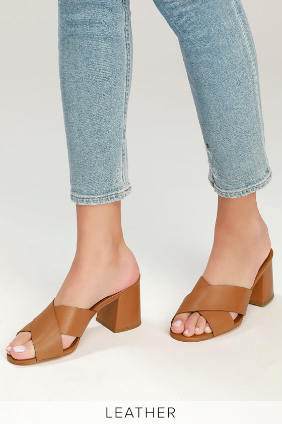 Cute Cognac Mules - Peep-Toe Mules - Leather Mules - Vachetta - Lulus