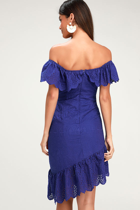Cute Royal Blue Dress Eyelet Lace Dress Asymmetrical Dress Lulus