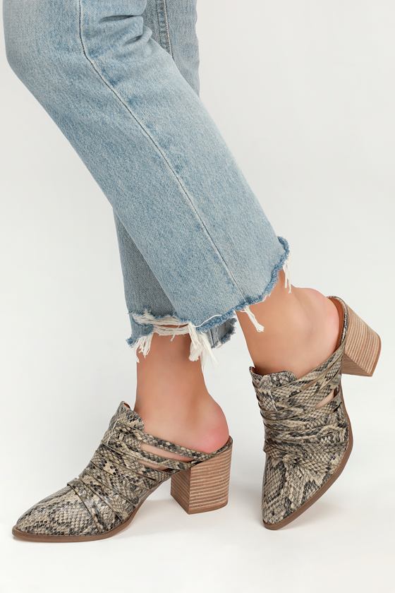 Report Tommy - Snake Print Mules - Strappy Mules - High Heel Mule