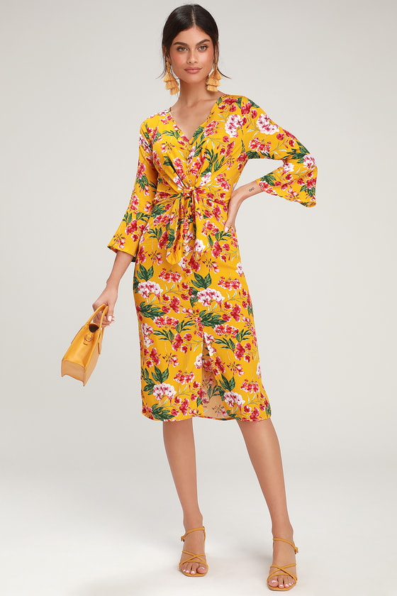 Cute Golden Yellow Dress Tie Front Dress Button Front Midi Lulus