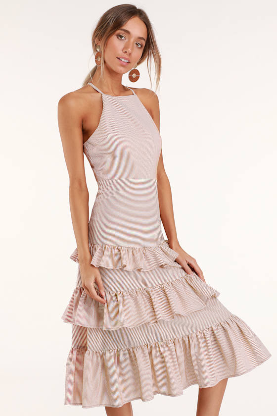 Orange Striped Dress - Ruffled Midi Dress - Striped Midi Dress - Lulus