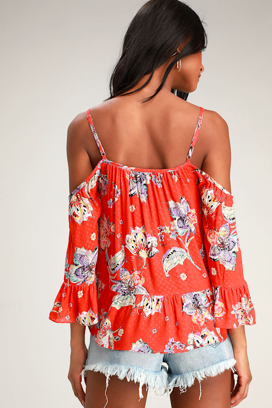Cute Floral Top - Red Floral Print Top - Cold Shoulder Top - Top