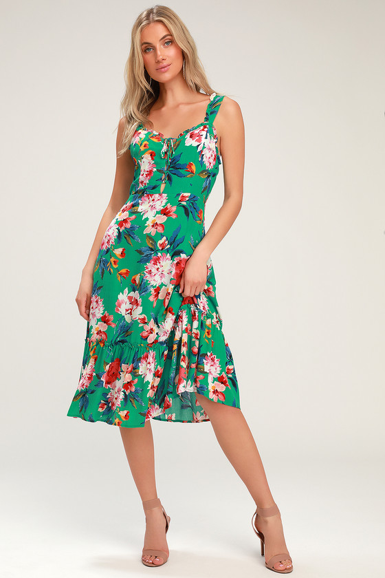 Cute Green Floral Print Dress Green Dress Lace Up Dress Lulus