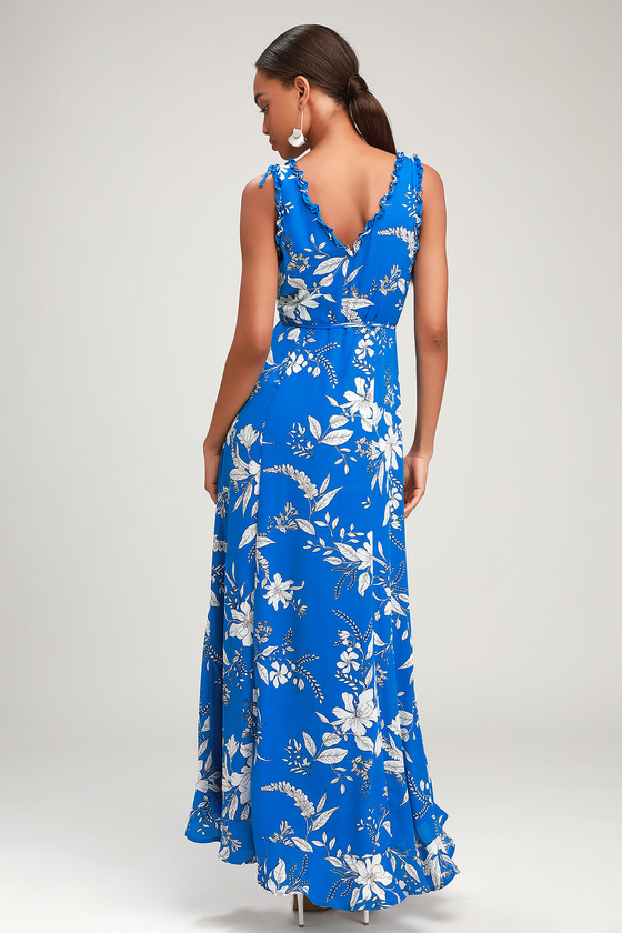 Royal Blue Floral Print Dress Ruffled Maxi Wrap Dress Lulus