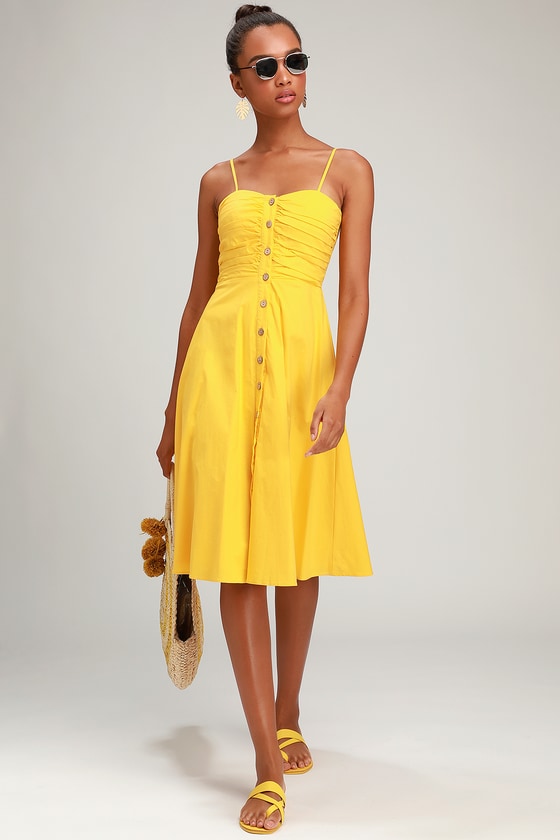Cute Golden Yellow Dress Midi Dress Button Up Midi Dress