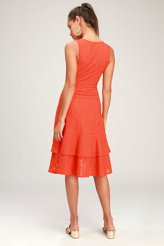 Cute Leaf Eyelet Dress - Midi Dress - Orange Ruffled Dress - Lulus