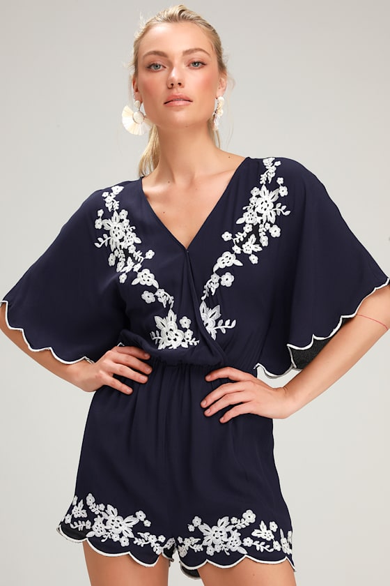Lovely Navy Blue Romper - Short Sleeve Embroidered Romper - Lulus