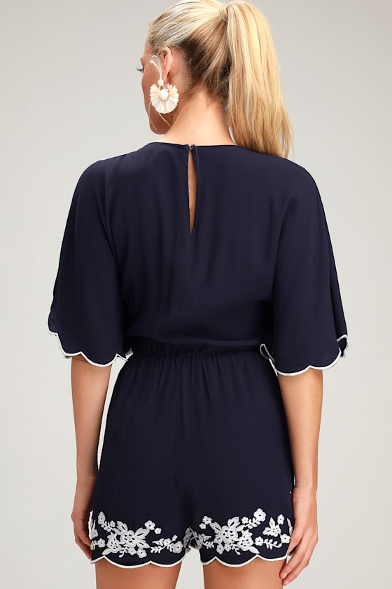 Lovely Navy Blue Romper - Short Sleeve Embroidered Romper - Lulus