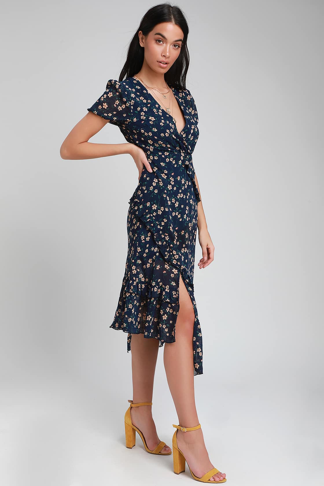 Lovely Navy Blue Floral Print Dress - Ruffled Dress - Midi Dress - Lulus