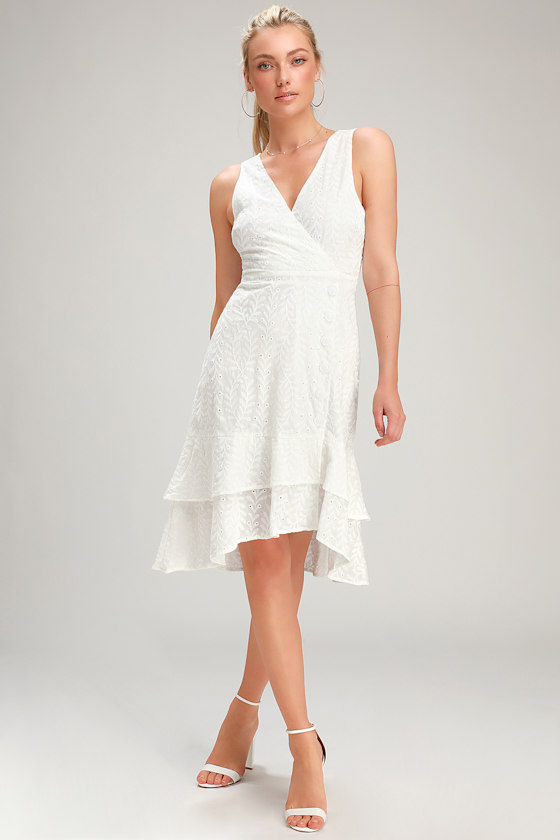 Cute Leaf Eyelet Dress - Midi Dress - Ruffled Dress - White Dress - Lulus
