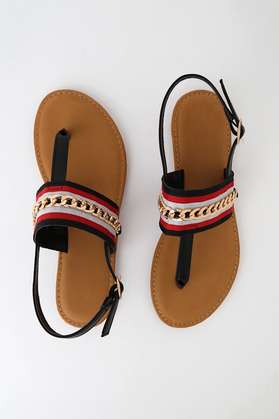 Cool Black Striped Sandals - Flat Sandals - T-Strap Sandals - Lulus