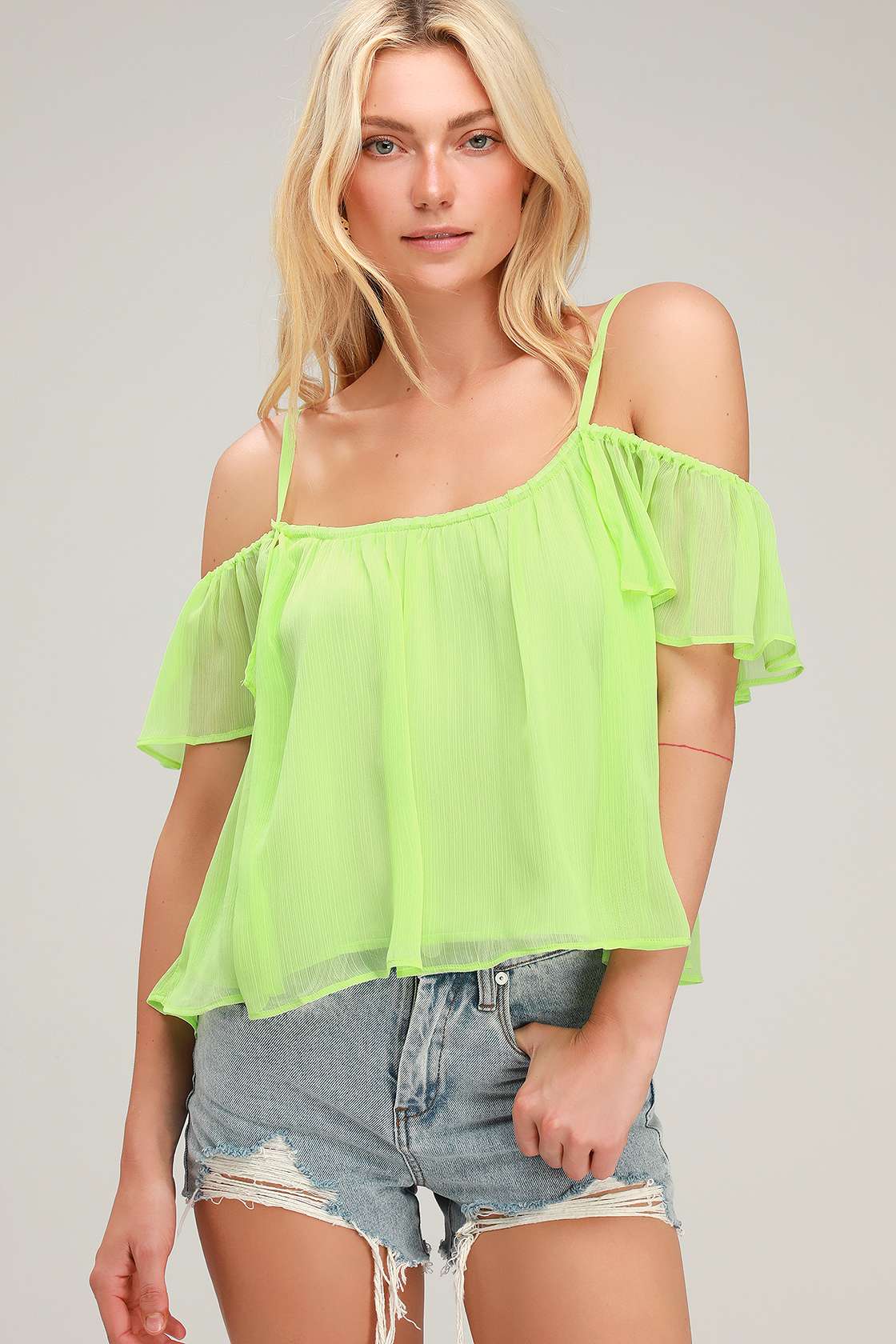 Lovely Lime Green Top - Off-The-Shoulder Top - Cold Shoulder Top - Lulus