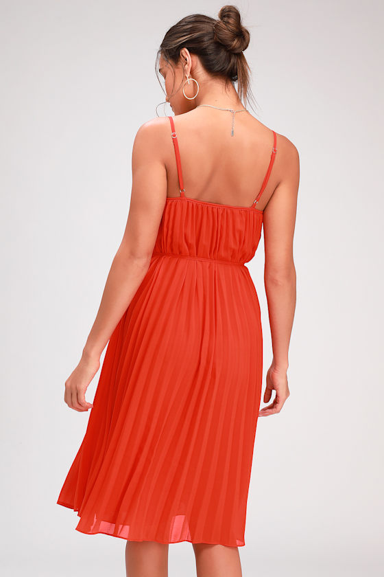 Cute Red Orange Dress - Pleated Midi Dress - Red Midi Dress - Lulus