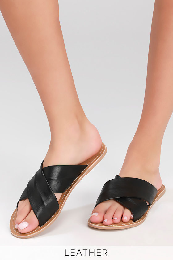 Rebels Jenny Black Leather Sandals - Crisscrossing Slide Sandals - Lulus