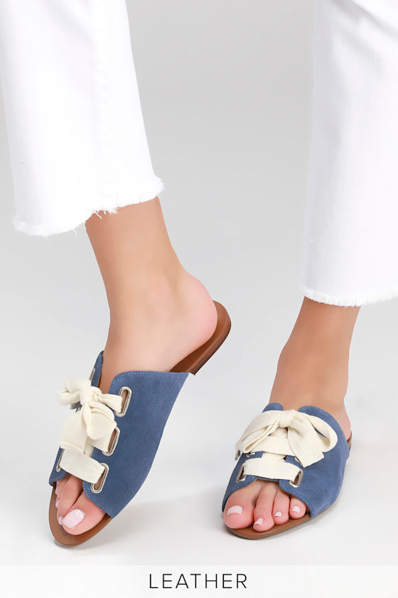 Sole Society Marinn Blue Shoes - Lace-Up Sandals - Slide Sandals - Lulus