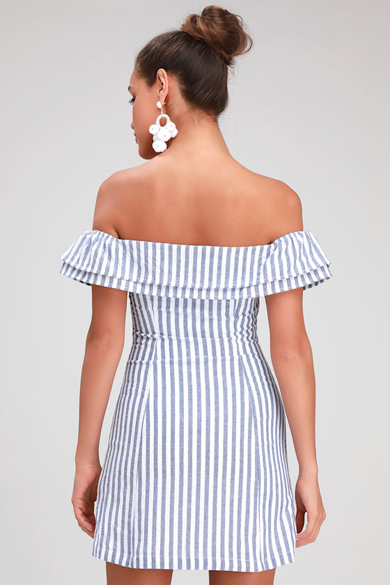 Cute Blue Striped Dress - Off-the Shoulder Dress - OTS Mini Dress - Lulus