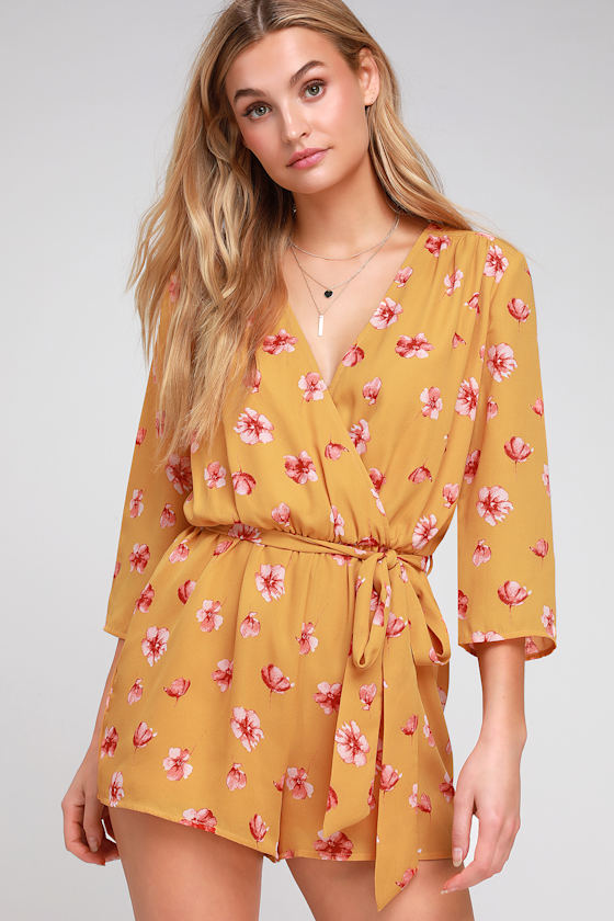 Fun Floral Print Romper Mustard Yellow Romper Surplice Romper Lulus