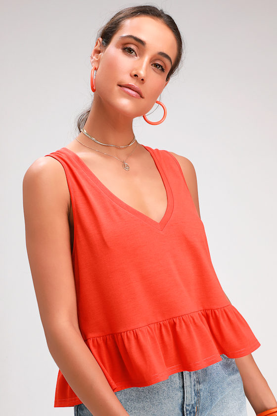 Coral Red Top - Crop Top - Ruffled Top - V-Neck Top - Peplum Top - Lulus