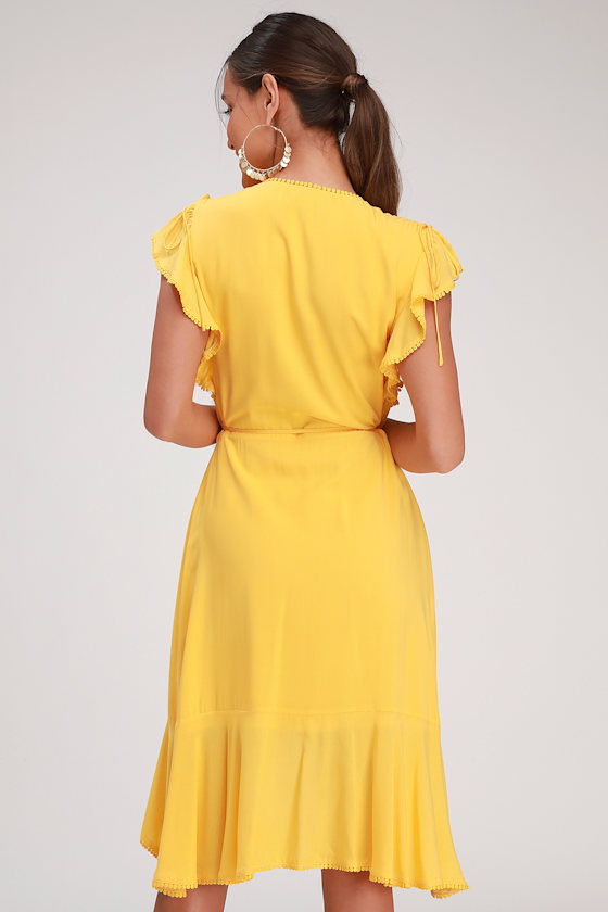 Pretty Bright Yellow Dress - Wrap Dress - Ruffled Midi Dress - Lulus