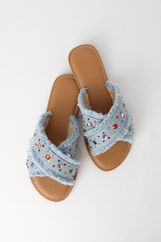 Fun Blue Denim Sandals - Embellished Slide Sandals - Slides - Lulus