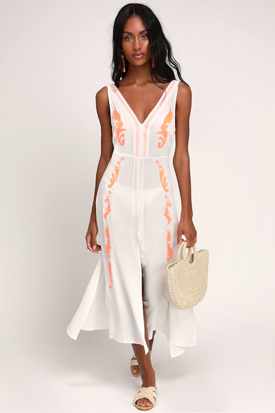 White and Neon Orange Swim Cover-Up - Embroidered Swim Cover-Up - Lulus