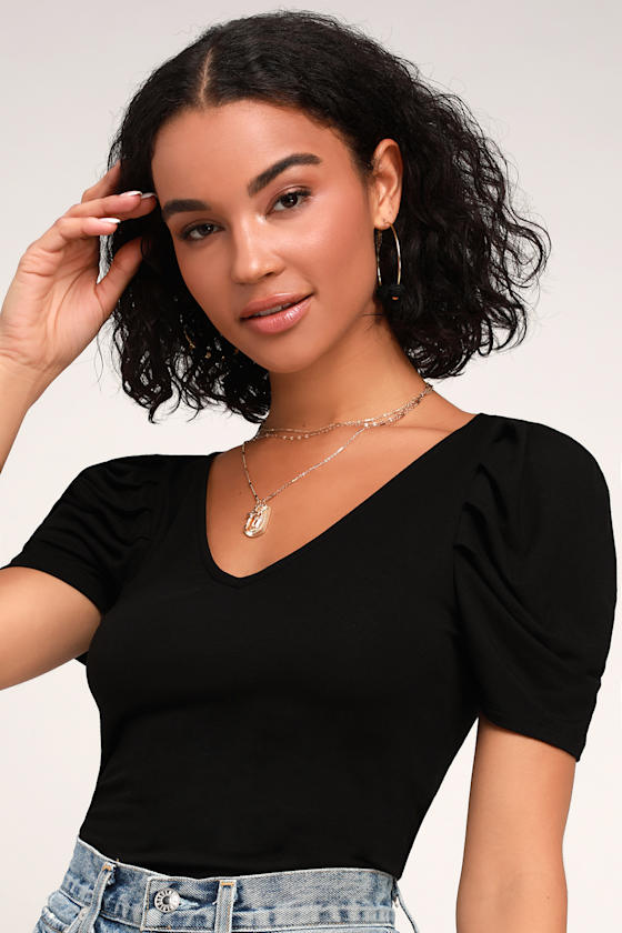 Pretty Puff Sleeve Top - V-neck Top - Black Puff Sleeve Top - Top - Lulus