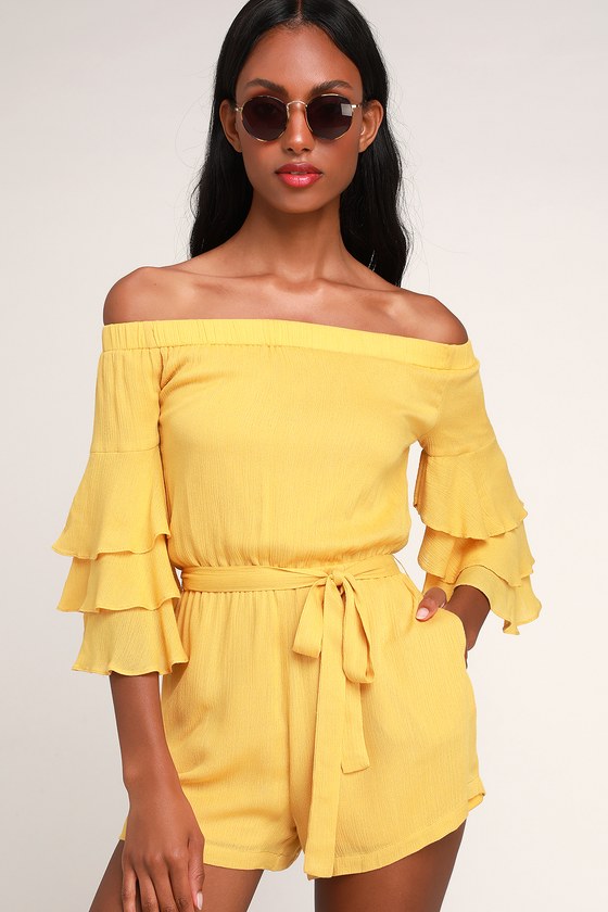 Cute Yellow Romper Ots Romper Flounce Sleeve Romper Lulus
