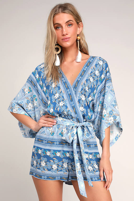 Cute Blue Print Romper Floral Romper Print Surplice Romper Lulus