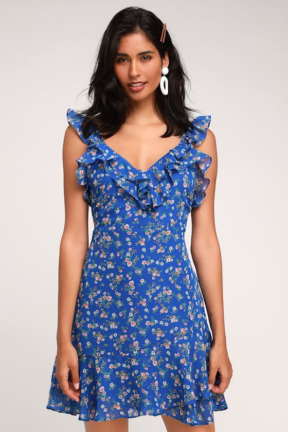 Blue Dress - Floral Print Dress - Ruffled Dress - Backless Dress
