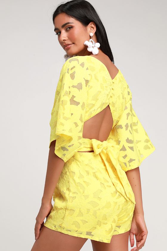 Cute Yellow Romper - Backless Romper - Embroidered Sleeve Romper - Lulus