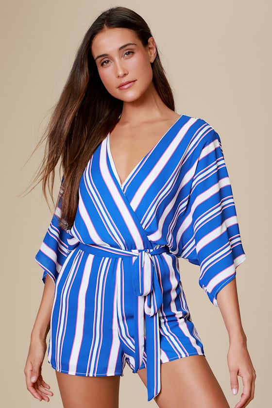 Cute Blue Multi Striped Romper - Kimono Sleeve Romper - Romper - Lulus