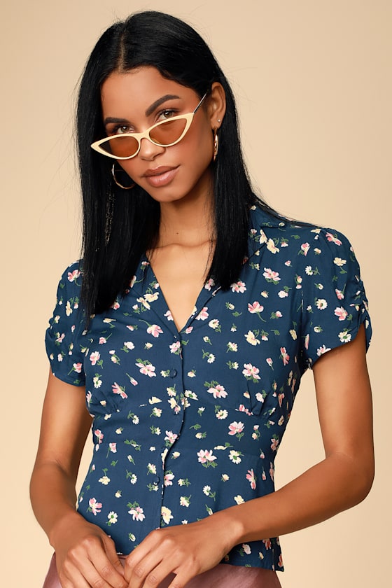Cute Navy Blue Top - Button-Up Top - Floral Print Button-Up Top - Lulus