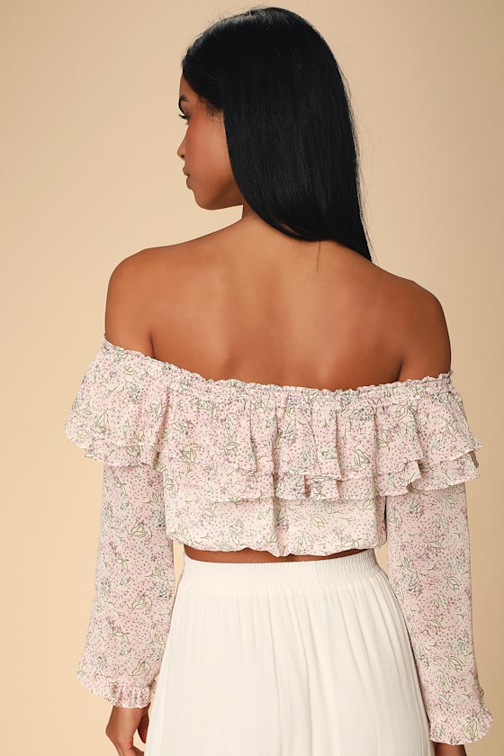 Cute Blush Pink Floral Print Top - Off-the-Shoulder Top - Crop