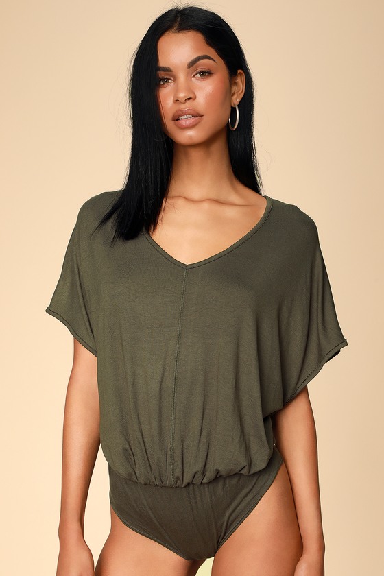 Cute Olive Green Bodysuit V Neck Tee Bodysuit Oversized Tee