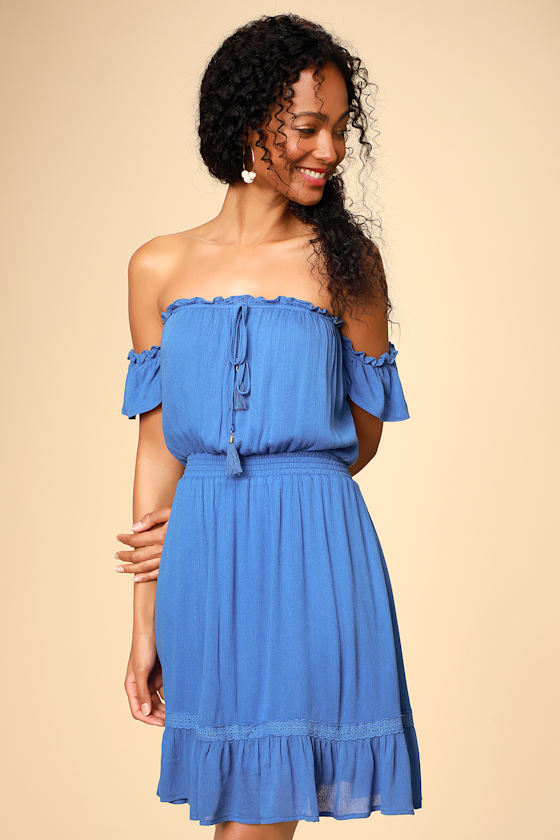Cute Blue Mini Dress - Off-the-Shoulder Dress - OTS Sundress - Lulus