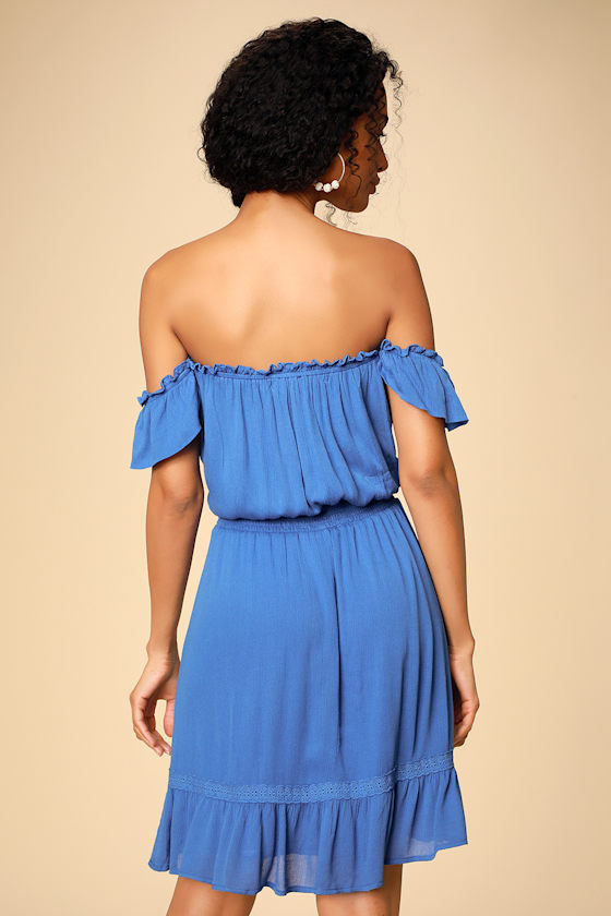 Cute Blue Mini Dress - Off-the-Shoulder Dress - OTS Sundress - Lulus