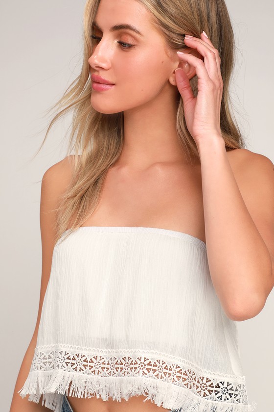 Cute White Crop Top Strapless Top Fringe Top Flounce Top Lulus