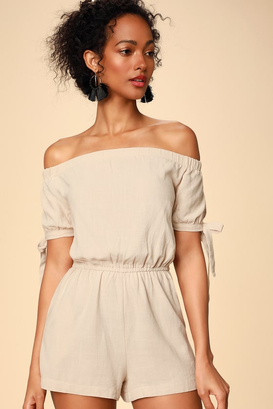 Cute Beige Romper Off The Shoulder Romper Short Sleeve Romper Lulus
